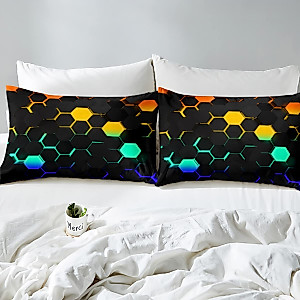 3D Honeycomb Duvet Cover Set Twin Size,Colorful Neon Light Hexagon Bedding Set 2pcs Kids Boys Teens Girls Bedroom Decor Fashion Geometric Comforter Cover Black Cool Gaming Quilt Cover,1 Pillowcase