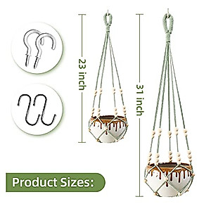 LSEYKRMH 2 Pack Macrame Plant Hangers No Tassel,Hanging Baskets with Wood Bead Hanging Planter Holders No Tail for Indoor Outdoor Plants Holders with Trays & Hooks 24"/31" (Green)