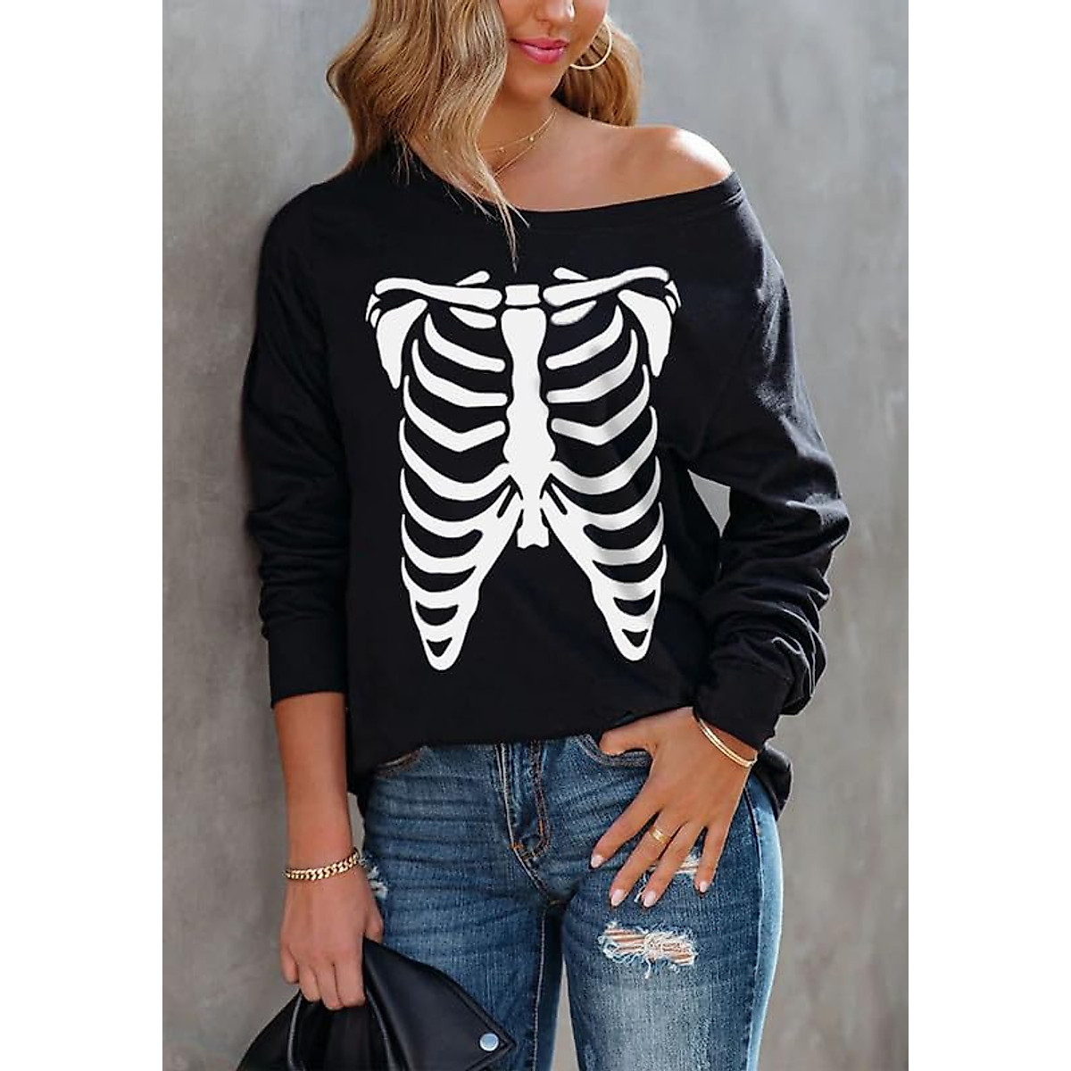 Womens Halloween Sweatshirt Lady Party Sexy Casual Tops Long Sleeve Funny Off Shoulder Wear Skeleton X-Large