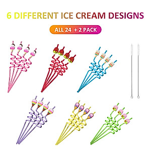 24 Reusable Ice Cream Straws for Birthday Party Supplies | Party Favors with 2 Cleaning Brush