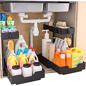 NATURE'S SOURCE 2-Tier Under Sink Organizer, 2 Pack Sliding L-shape Under Bathroom Cabinet Storage Drawer Organizer Multi-purpose Under Sink Shelf Organizer Storage for Bathroom Kitchen(Black 2 Pack)