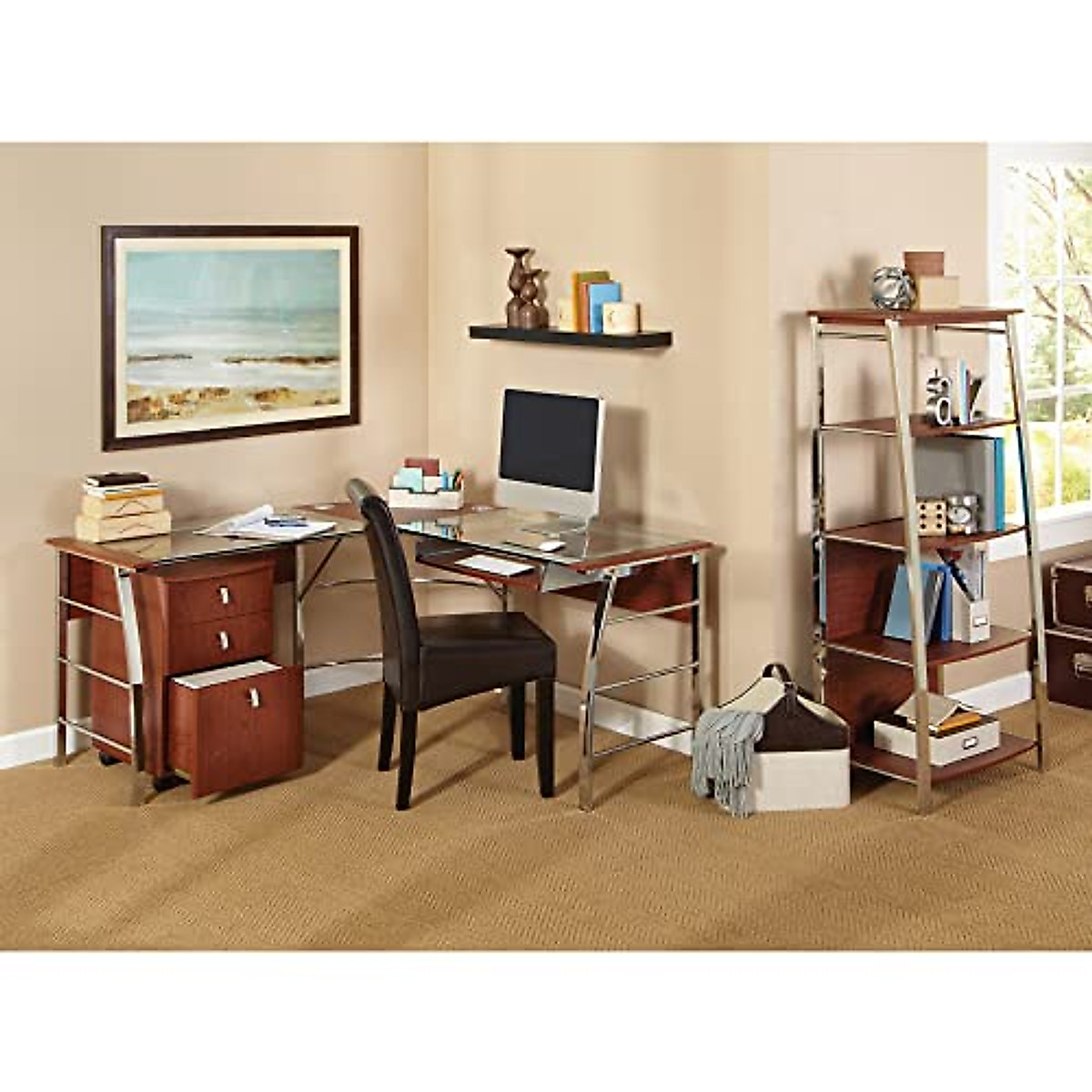 Realspace® Mezza 62"W L-Shaped Desk, Cherry/Chrome
