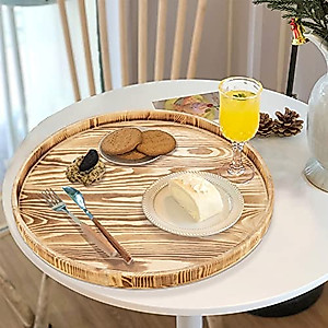 13 Inches Large Solid Wooden Serving Tray Round Tea Coffee Table Tray Snack Food Meals Serving Plate Kitchen Party Bar Server Breakfast Tray with Raised Edges Ottoman Tray Nature Wood