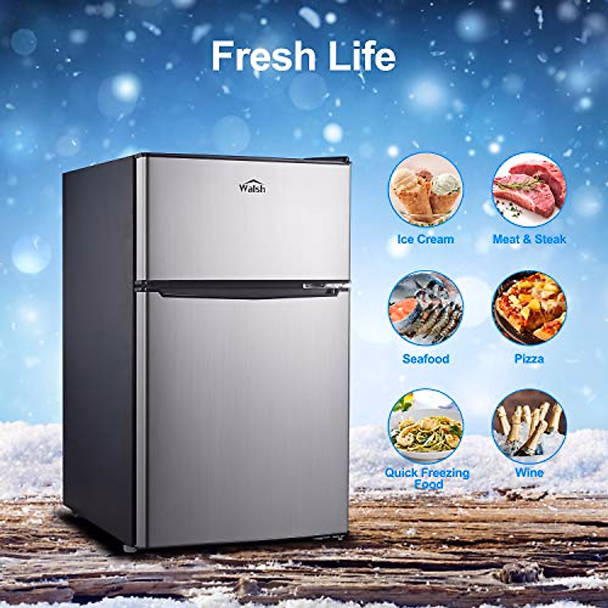Walsh Compact Retro Refrigerator, Dual Door Mini Fridge, Energy Efficient, Adjustable Mechanical Thermostat with Freezer, Reversible Doors with leveling Front Legs, 3.1 Cu Ft, Stainless Steel