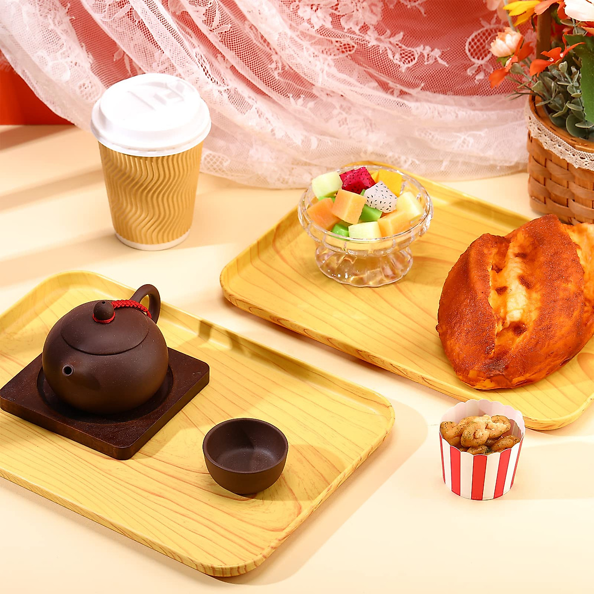 12 Pcs Plastic Wood Grain Serving Tray Fast Food Cafeteria Trays 11.8 x 8.7'' Rectangular Lunch Food Serving Platters Tray Plastic Platter for Kitchen Restaurant School Dinner Party Bar Cafe Camping