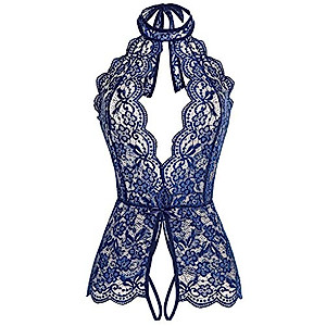 Women's Teddy Lingerie Crotchless Lace Choker Bodysuit Lingeries Floral Crochet One Piece Babydoll Hollow Out Mesh Sheer Sleepwear for Bride