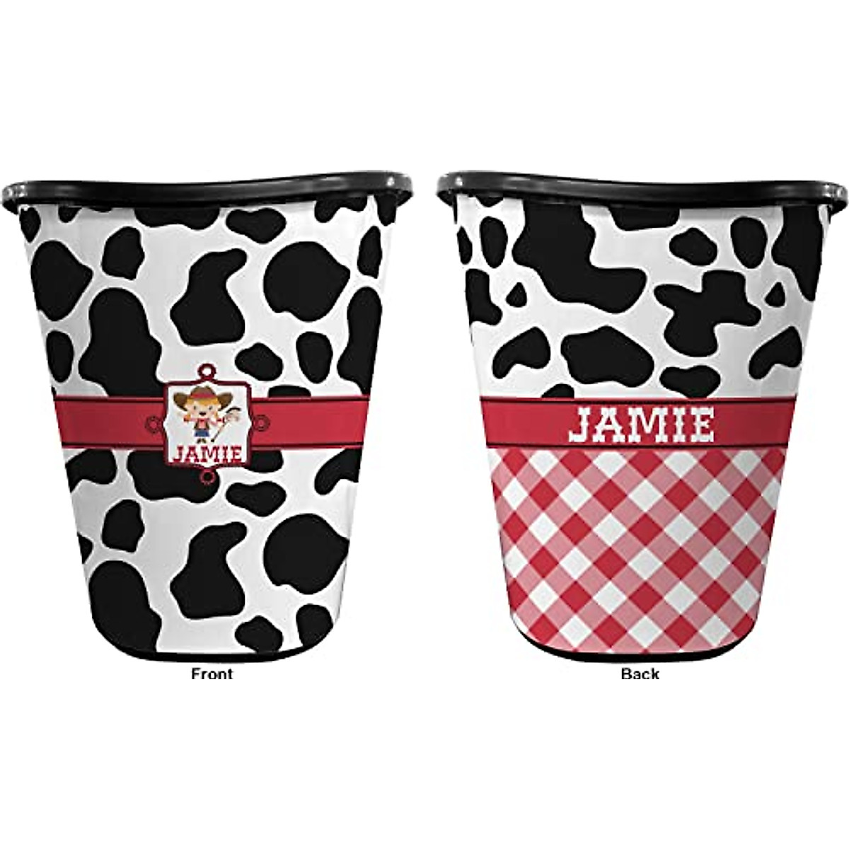 RNK Shops Cowprint Cowgirl Waste Basket - Double Sided (Black) (Personalized)