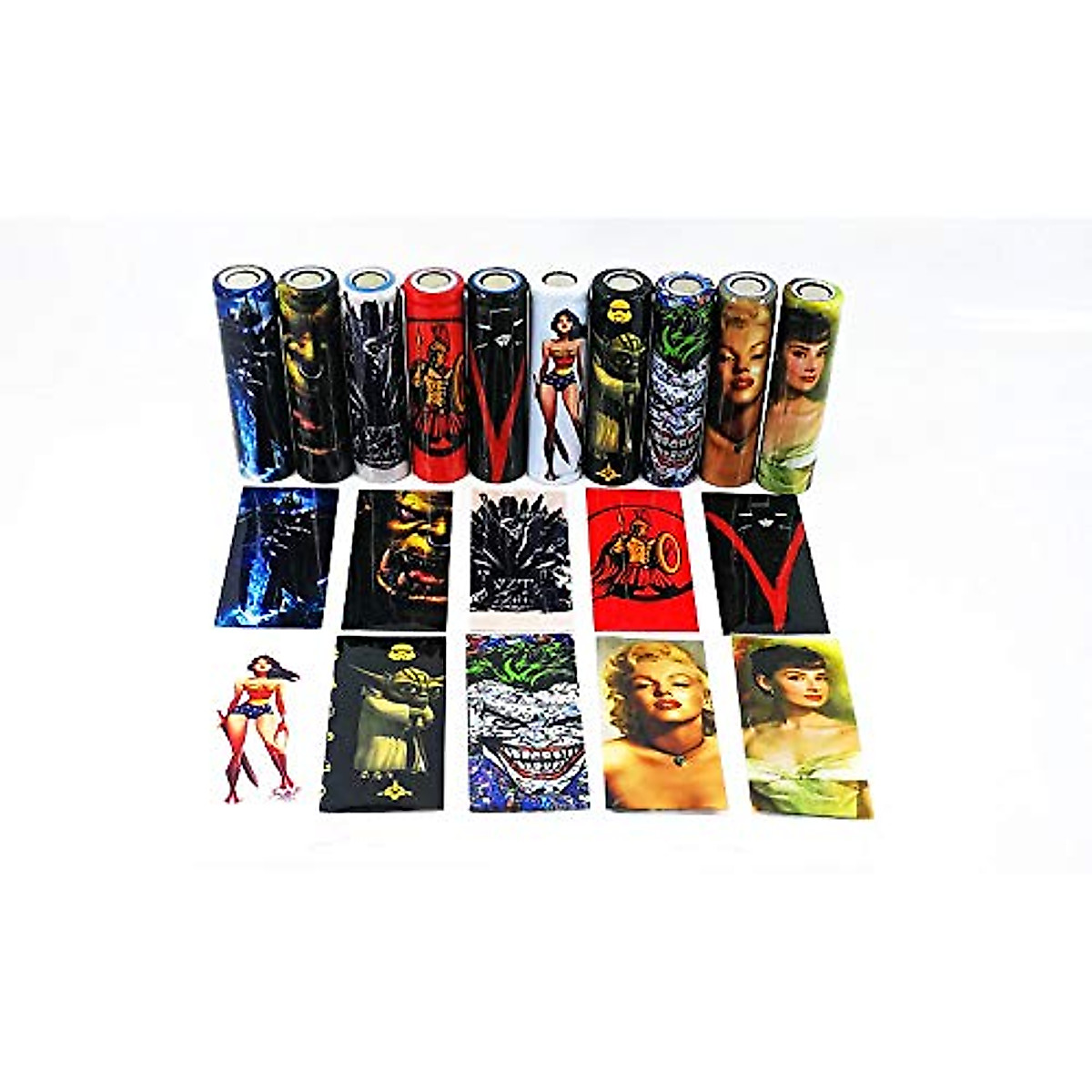 SnowTing 20pcs Pre-Cut 18650 Battery Wraps Cover Movie Series Protective Sleeve Heat Shrink Wrap - 10 Styles with Transparent Box
