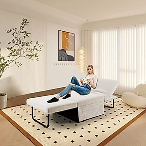 Dithoko 4-in-1 Single Convertible Chair Bed, Corduroy Sleeper Sofa Chair Bed with Reclining Backrest, Multi-Functional Lounge Couch Chair for Living Room Bedroom Apartment, White