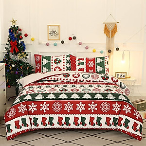Mengersi Christmas Snowflakes Duvet Cover King Size,Xmas Trees Holiday Bedding Comforter Cover with Zipper Closure,Home Decoration for New Year (Green)
