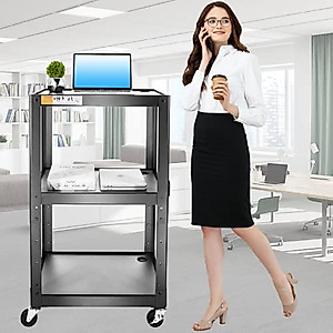 3 Shelf Metal Utility cart - Steel Construction Mobile Presentation Cart Projection Cart with Power Strip - Durable Utility Cart AV Carts on Wheels - Supports Up to 300 LBs (24'' x 18'' x 41'')