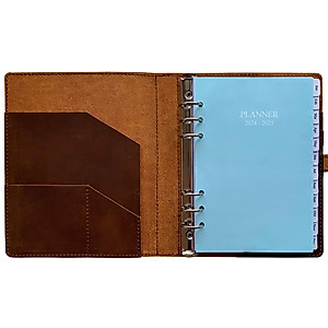 2024-2025 Leather Planner - A5 Genuine Leather Binder Planner with Weekly & Monthly Pages for Men and Women, Inner Pockets and Pen Holder, Refillable