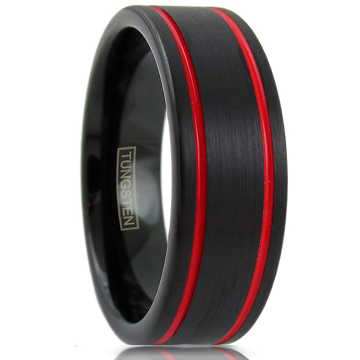 Engraved Personalized 8mm Flat Brushed Satin Finish Black Tungsten Carbide Band Ring w/Two Fire Engine Red Enamel Racing Stripes. (9.5)
