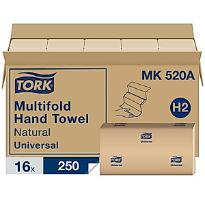 Tork Xpressnap Natural Dispenser Napkin N4, Universal, Interfold 1-ply, 13" x 8.5", 12 x 500 napkins, DX906E & Multifold Hand Towel Natural H2, Universal, 100% Recycled Fibers, 16 x 250 Sheets, MK520A