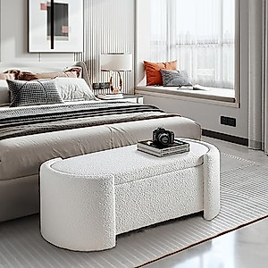 KINFFICT 43.4" Storage Ottoman Bench for Bedroom End of Bed, Upholstered Boucle Storage Bench, Modern Sherpa Benches Furniture with Safety Hinge for Entryway, Bedroom, Living Room, Teddy White