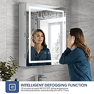VOWNER Bathroom Medicine Cabinet with LED Lights and Mirror, Wall Mounted Mirror Cabinet with Adjustable Shelf, Defogger, Memory 3-Color Mode, Dimmer, Anti-Fog (20"×24")