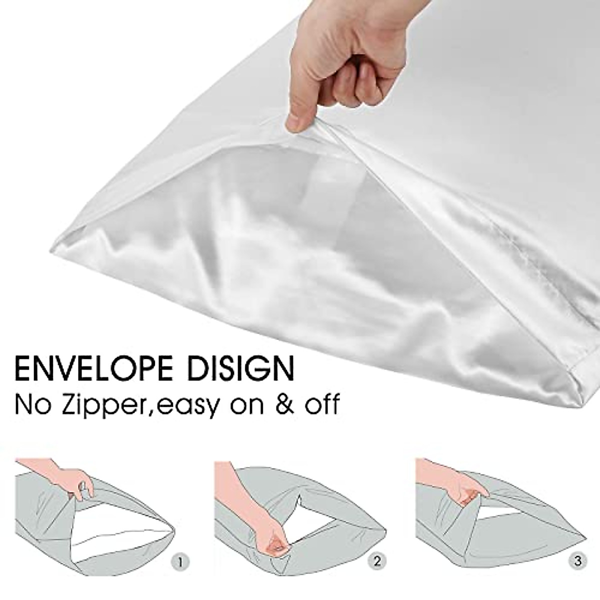 Silk Satin Pillowcases for Hair - BPC Bed Pillow Cases Standard Size Set of 2 for Hair and Skin, Satin Pillowcase 20x26 inches, Pillow Covers with Envelope Closure, Breathable, Skin-Friendly(White)