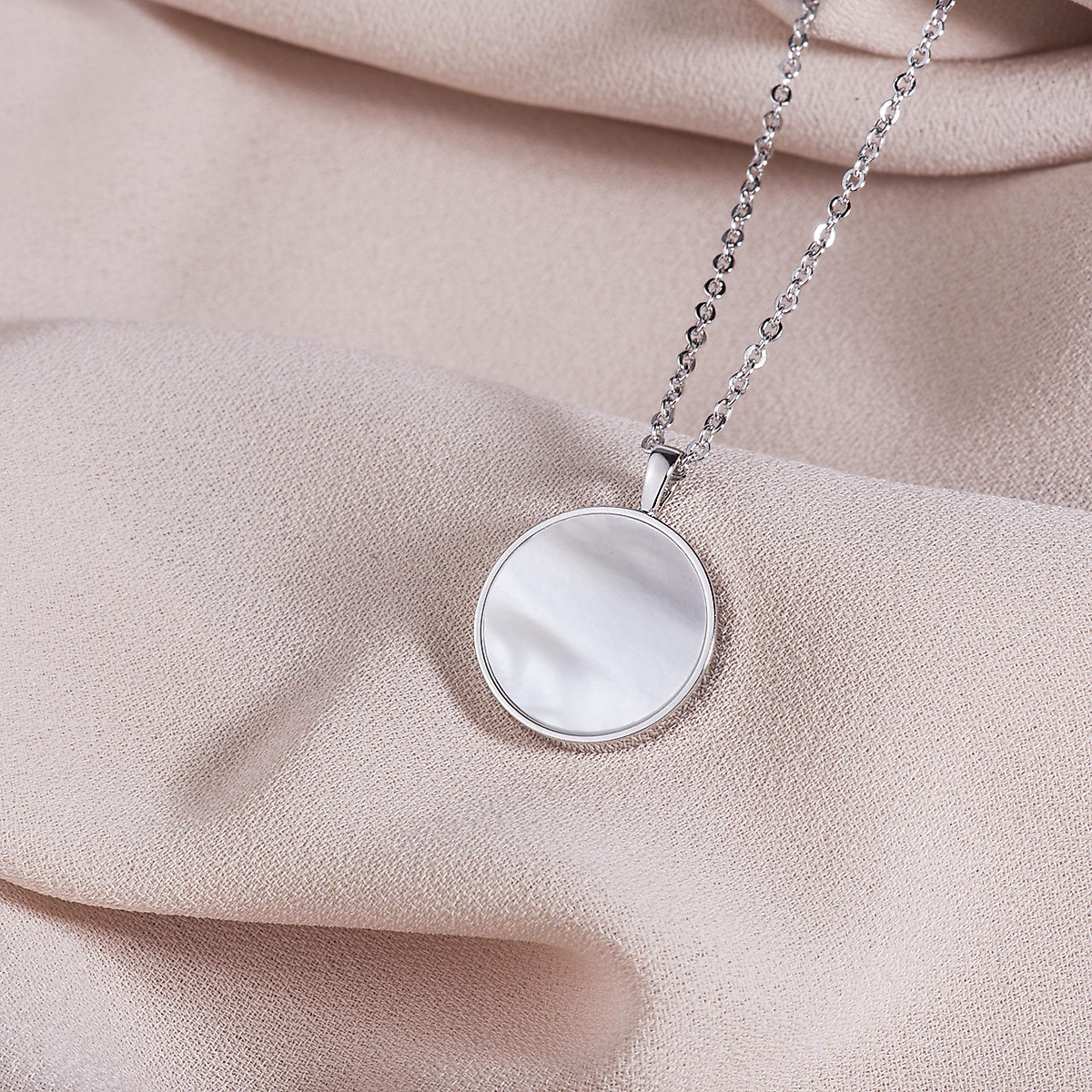 S.Leaf Minimalism Round Mother of Pearl Necklace Sterling Silver Circle Disc Pendant Shell Pendant (silver)