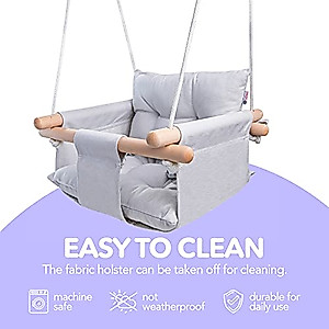 CaTeam - Canvas Baby Swing, Wooden Hanging Swing Seat Chair with Safety Belt, Durable Baby Swing Chair, Outdoor and Indoor Swing for Kids, Mounting Hardware Included, Gray