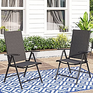 MFSTUDIO 2 PCS Folding Chairs with Arms,Portable Patio Dining Chairs with 7 Levels Adjustable for Outdoor & Indoor, Sling Back Chairs (Black)