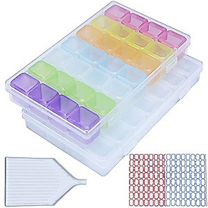 FuigeBach Diamond Painting Storage Containers, 2 Pcs 28 Grids Diamond Piainting Boxes Accessories Beads Organizer Case with Diamond Painting Tray, 128pcs Label Stickers for Jewellery Beads