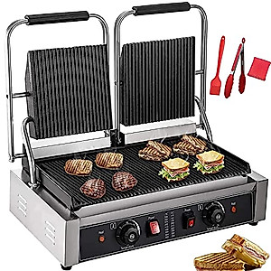 Panghuhu88 110V 3600W Commercial Sandwich Panini Press, Commercial Double Panini Presser Non-Stick Full Grooved Plates 122°F-572°F Temp Control for Hamburgers Steaks Bacons,22.8" x 14.4"