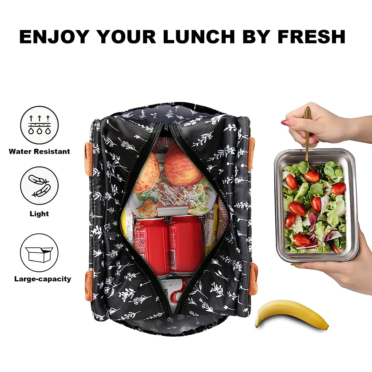 Joymee Lunch Bag Women Insulated Lunch Box Reusable Leakproof Large Cooler Tote for Womens Mens Adults with Bottle Holder and Side Pockets for Work Office Picnic - White Little Flowers