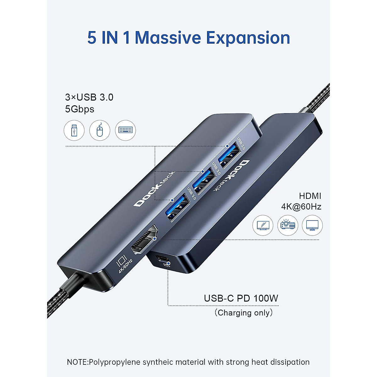 USB C Hub HDMI 4K 60Hz, USB C Adapter Multiport with 100W PD, HDMI,3 USB 3.0 Data Ports, Dockteck 5 in 1 USB C Dongle Dock for MacBook Pro/Air, iPad Pro/Air/Mini 6, Surface Pro 7/8/9 and More