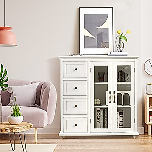 LOKO Buffet Sideboard, Kitchen Storage Cabinet, 2-Door Cupboard with 4 Drawers, Adjustable Shelf & Anti-Tipping Device, Multipurpose Console Cabinet (White)