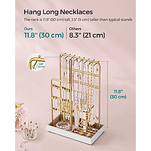 SONGMICS Jewelry Holder, Jewelry Organizer, Mother's Day Gifts, Jewelry Display Stand with Metal Frame and Velvet Tray, Necklace Earring Bracelet Holder, for Studs, Rings, Gold Color UJJS021A01