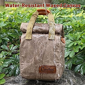 Corebes Insulated Lunch Bag for Men/Women, 11L Waxed Canvas Lunch Box with Adjustable Shoulder Strap & Double Hook-and-Loop Handles for Work Picnic Hiking