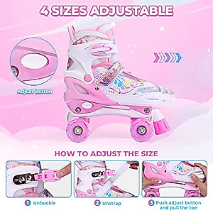 Hikole Girls Roller Skates with 4 Adjustable Size，All 8 Light Up Wheels Kids Roller Skates for Outdoor & Indoor