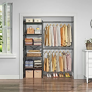 Timate P6i Heavy Duty Garment Rack Clothes Rack Adjustable Walk in Closet Organizer System Wall Mounted Closet Organizer Kit Expandable Hanging Rod 5-Tier Closet Storage Shelves, Fit 6-9ft Space Black
