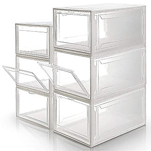 Homde Shoe Boxes Stackable Shoe Storage Rack White Frame with Clear Drawer, 3 Pack Large Size and 3 Pack X-Large Size