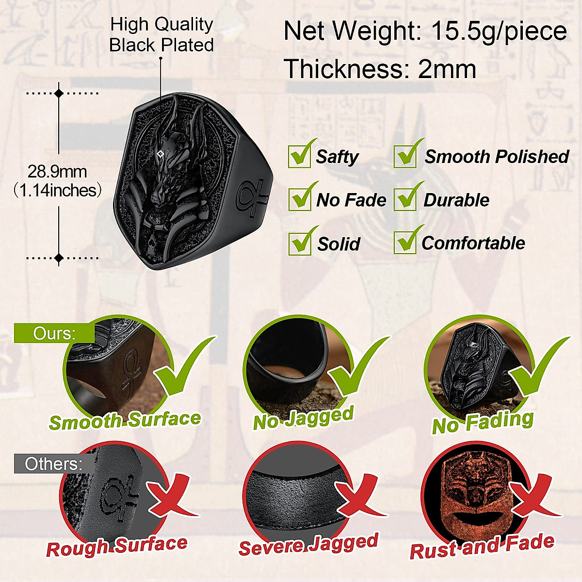 FaithHeart Customized Engrave Old-school Women Anubis Band Ring Stainless Steel Shield Shape Ankh Protection Jewelry