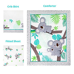 La Premura Baby Koala Nursery Crib Bedding Set, 3 Piece Standard Size Crib Set, Grey and Green, Unisex Nursey Bedding and Neutral Decor