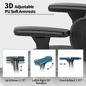 Ergonomic Office Chair Ergo3D Rolling Desk Chair with 3D Adjustable Armrest,High Back Desk Computer Chair Mesh Computer Executive Swivel Grey