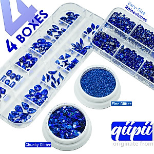 4 Boxes Blue Nail Rhinestones Glitters Kit, 24 Shapes K9 Glass Royal Blue Gems Flatback Round Gems Stones Diamonds Crystals Sapphire Nail Art Supplies Nail Charms for Acrylic Nails Faces Body Crafts