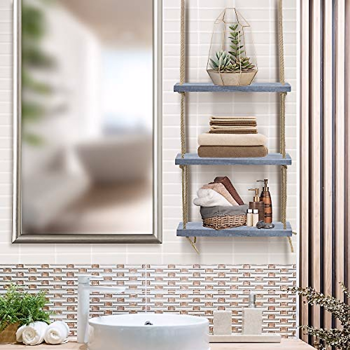 Sorbus Wood Hanging Shelf 3-Tier Rustic Wood Swing Storage Shelves Rope Organizer Rack, Floating Display Shelves (Grey)