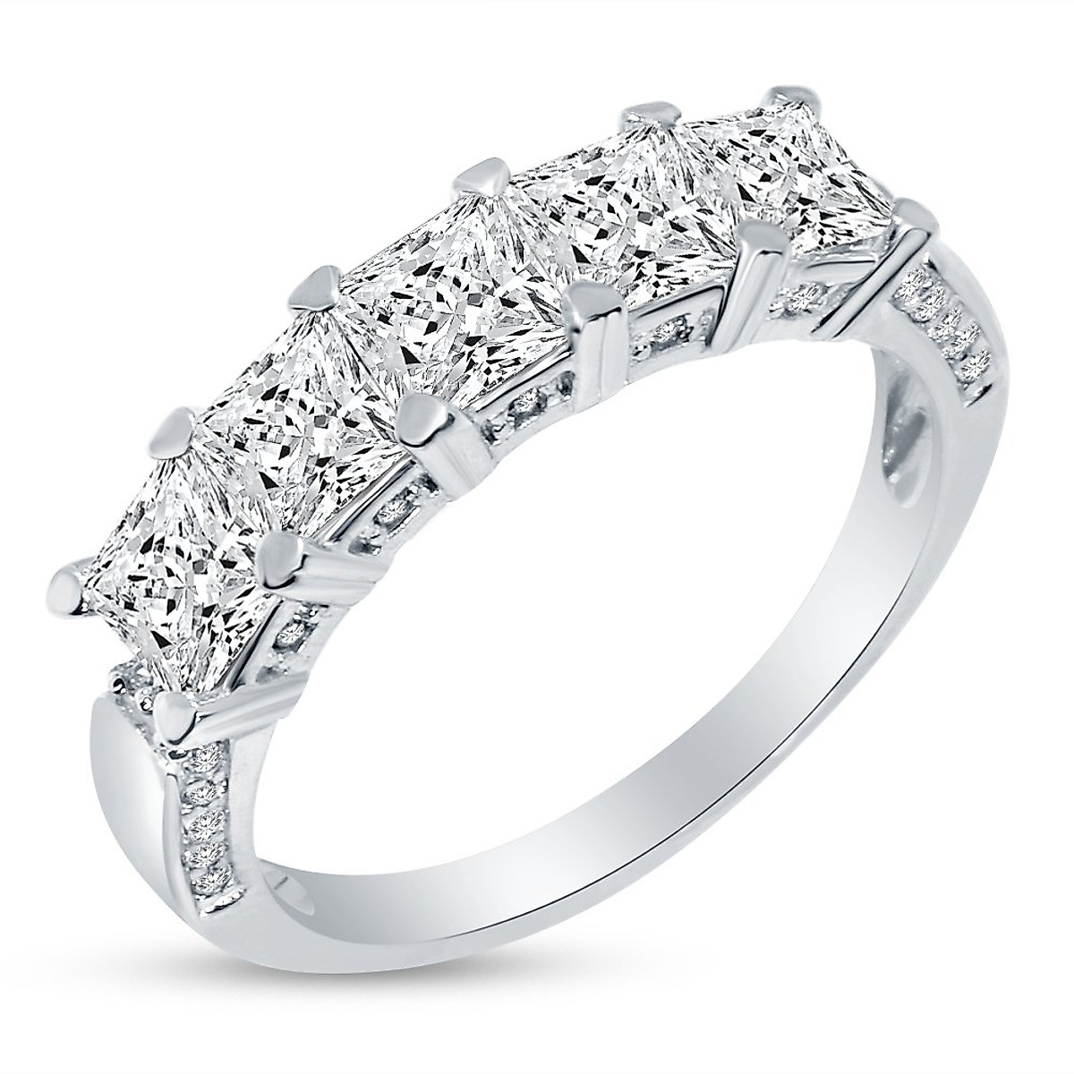 Size - 7 - Solid 14k White Gold 5mm Princess Cut Five Stone With Side Accents Anniversary Ring Wedding Band CZ Cubic Zirconia 2.0cttw.