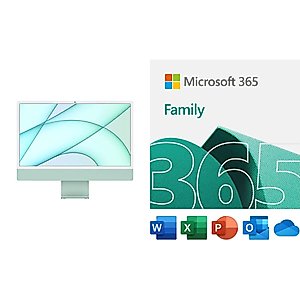 Apple 2021 iMac (24-inch, M1 chip with 8‑core CPU and 8‑core GPU, 8GB RAM, 256GB) - Green, with Microsoft 365 Family | 12-Month Subscription | PC/Mac Download