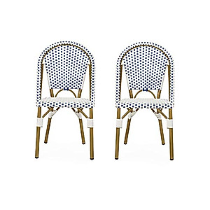Christopher Knight Home Philomena Outdoor French Bistro Chair (Set of 2), Blue + White + Bamboo Print Finish