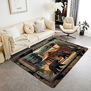 RUGROOM Black Bear Area Rug Vintage Rustic Log Cabin Jungle Pine Background Drip Ink Border Design Children's Crawling Non-slip Floor Mat for Living Room Dining Room Bedroom Kids Room 3x4ft
