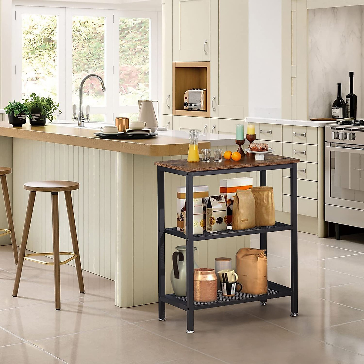 VECELO Tall End Side Tables,30" Height Nightstand with 3-Tier Storage Shelf for Bedroom Living Room, Easy Assembly,Industrial Style, 1-Pack, Retro Brown