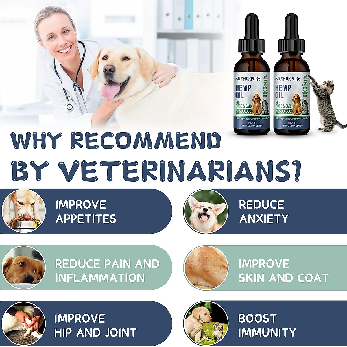 SUXHDRPURE Organic Hеmp Oil for Dogs & Cats Helps Pets with Аnxiety Pаin Strеss Slееp Аrthritis, Sеizures Rеlief Joint Support Hemp Oil Drops Made in USA