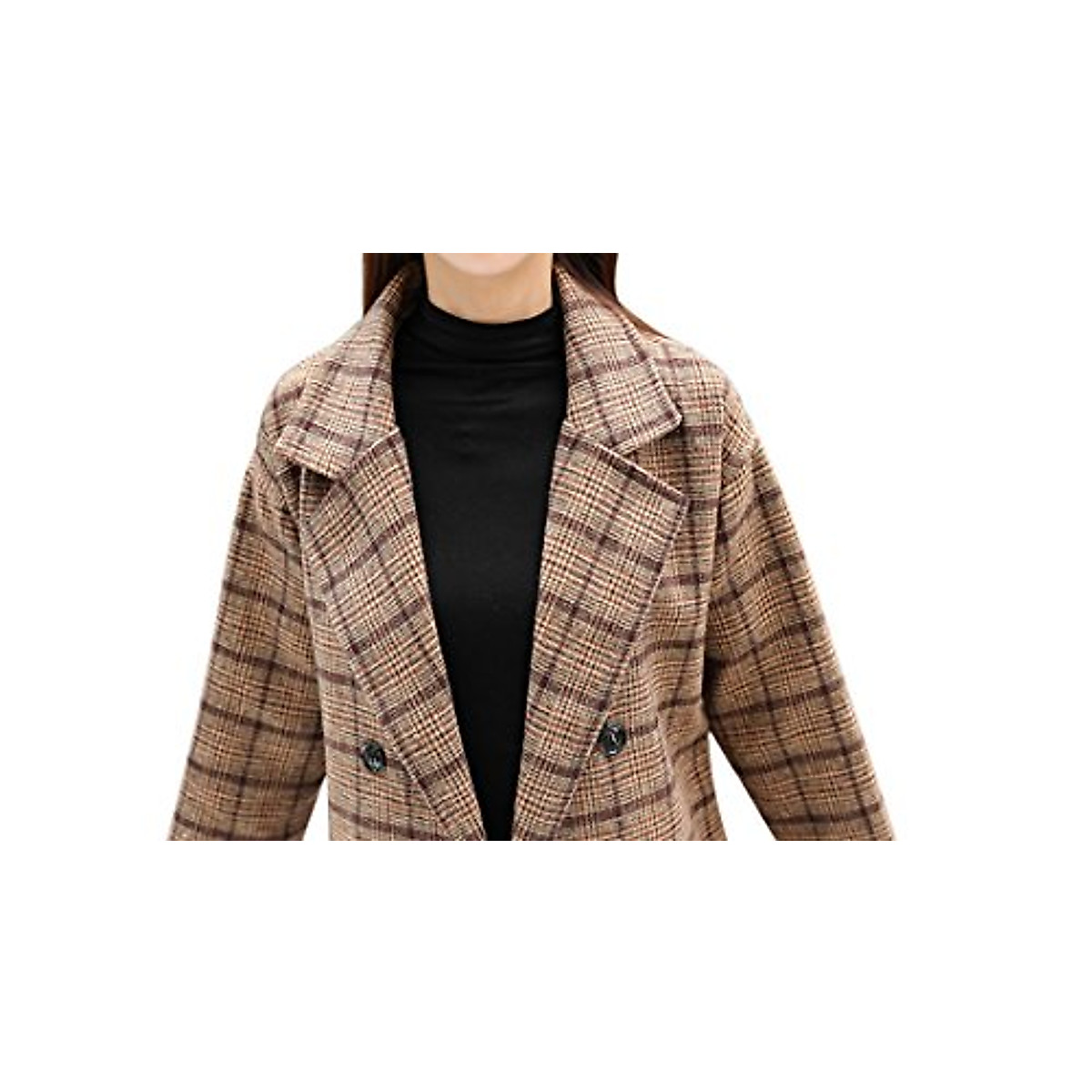 Tanming Women's Double Breasted Long Plaid Wool Blend Pea Coat Outerwear (Brown-M)