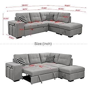 Familymill 100'' Modern Upholstered Fabric L-Shaped Convertible Corner Sectional Sofa Bed, Pull-Out Sleeper Sofa Bed with Storage Ottoman, USB Ports, and 2 Stools (Light Gray, L Shaped)