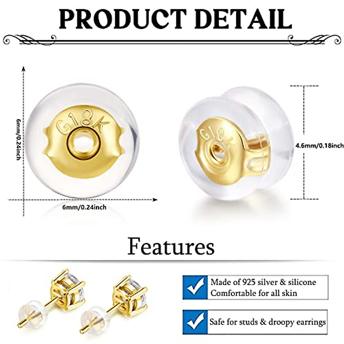 Kerryjewl 18K Gold Locking Secure Earring Backs for Studs, Silicone Earring Backs Replacements for Studs/Droopy Ears, No-Irritate Hypoallergenice Earring Backs for Adults&Kids (Gold)