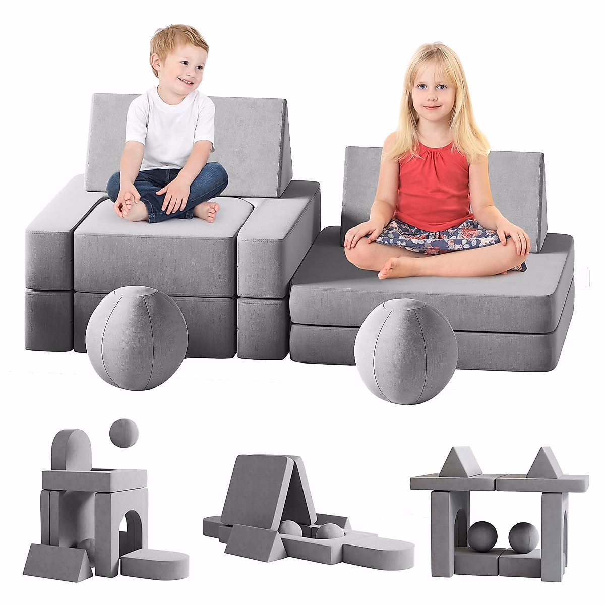Neoriver Kids Couch, 10PCS Modular Kids Play Couch with 2 Balls and Tunnel, Fold Out Toddler Couch for Playroom Bedroom, Creative Kids Sectional Foam Sofa for Boys and Girls, Grey