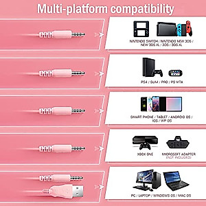 Atrasee 7.1 Surround Sound Cat Ear Gaming Headset with Mic for PS4 PC PS5 Xbox One Nintendo, Noise Cancelling Kitty Headphones w/LED Lights, Soft Earmuff, 3.5mm Aux for Mac Laptop Girls Kids, Pink